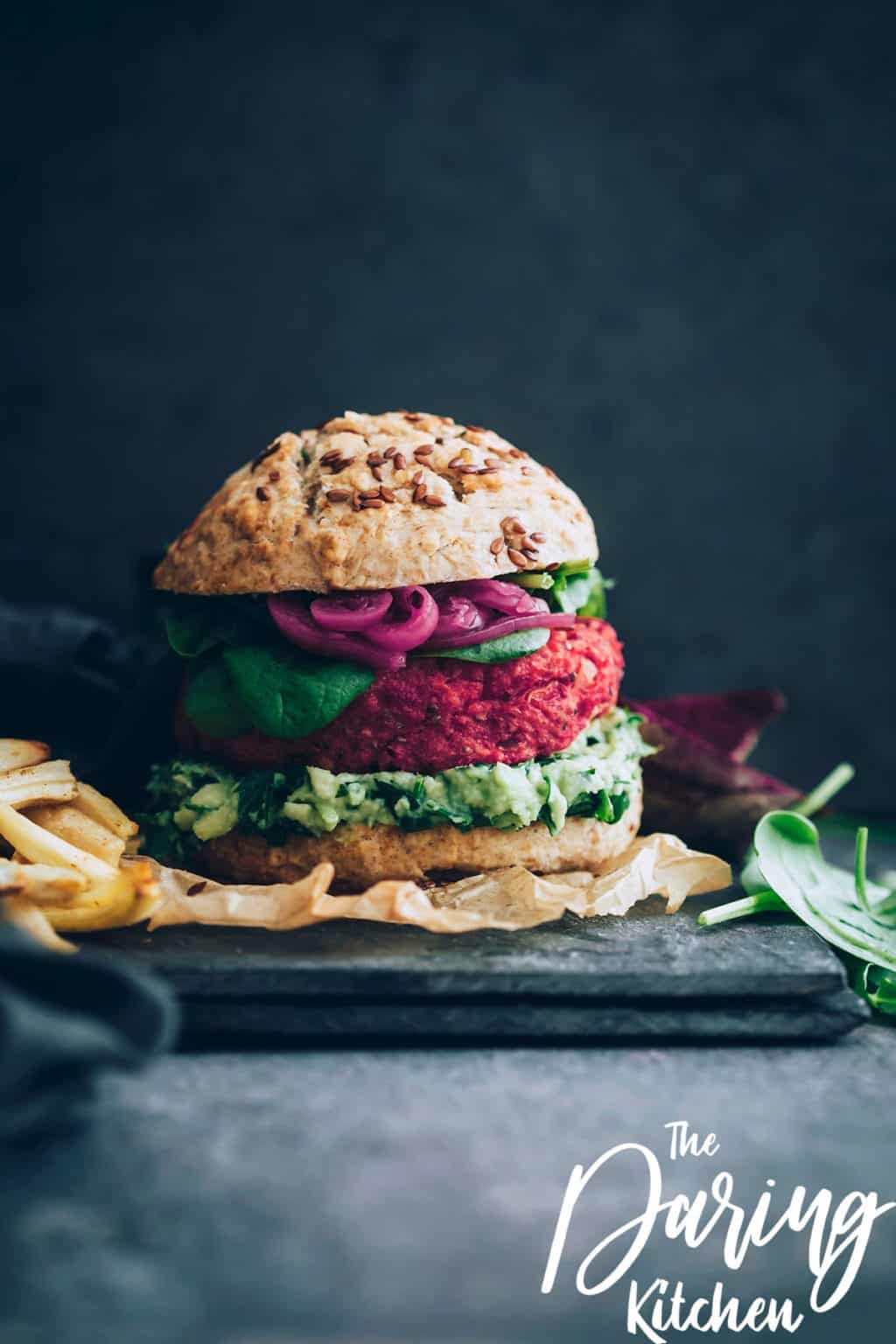 Beet Burgers with Herbed Guacamole and Parsnip Fries - Daring Kitchen